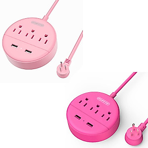 Pink Power Strip with USB, NTONPOWER Flat Plug Extension Cord 5ft, Nightstand Desktop Charging Station with 3 Outlet and 2 USB, Wall Mount, Small Size for Dorm Room Home Office Travel, ETL Listed
