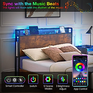 IDEALHOUSE Full Size Bed Frame with Storage Drawers and Charging Station, LED Light Full Bed Frame with Storage Headboard, Metal Platform Bed with Strong Wood Slats Support, No Box Spring Needed