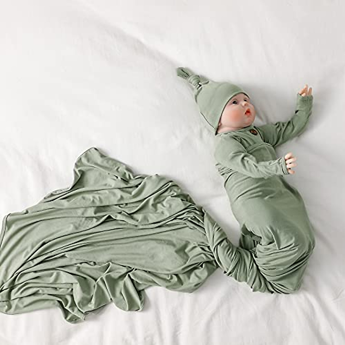 Bayceen Large Rayon Jersey Knitted Swaddle Blanket for Baby, Soft Stretchy Receiving Blanket for Newborns with Hat, Large 47 x 47 inches (Sage)