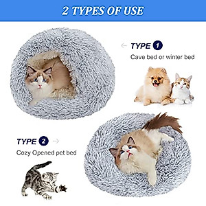 Deblue Soft Cat Beds for Indoor Cats, Round Fluffy Warm Cat Beds with Hooded Cover, Washable Calming Cozy Plush Pet Bed for Anxiety Cats and Puppies - Dia 18"