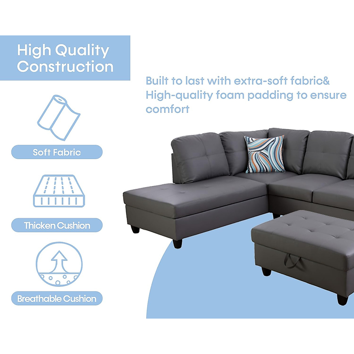 Caberryne Sectional Couch for Living Room Furniture Set Dack Grey,Sectional Sofa Set L Shape Sofa and Chaise with Storage Ottoman for Living Room/Apartment（Dack Grey,Facing Left Chaise）
