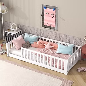 UOCFYK Toddler Twin Size Floor Bed with Fence for Kids,Solid Wood Bedframe,Easy to Assemble, No Box Spring Needed,White