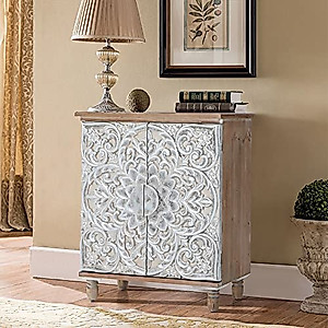 Sophia & William Accent Storage Cabinet with 2 Doors, Distressed Decorative Cabinet Storage Organizer with Wood Frame and Silver Embossed Pattern for Entryway Hallway Lvinig Room