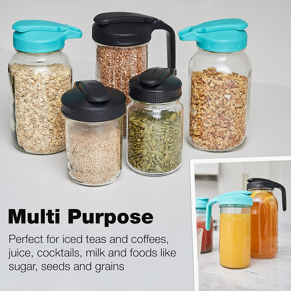 Masontops Multi Top Pitcher Set - Glass Pitcher With Lid & Spout - Elegant Sun Tea Jar - Cold Brew Mason Jar With Handle - 2 X 24 Ounce Wide Mouth Iced Coffee Bottle - Liquid & Food Storage Container