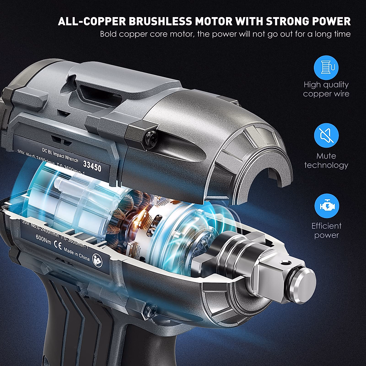 WSSEY 1/2 Inch Cordless Impact Wrench with 4.0Ah Battery, 4000mAh Capacity, 2800-2300 RPM Speeds, Ergonomic Handle, LED Work Light, Metal Hook for Hanging