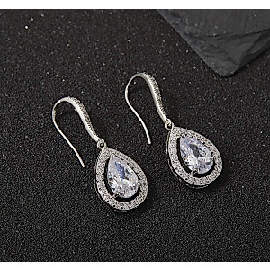 SWEETV Teardrop Wedding Earrings for Brides, Bridesmaids, Cubic Zirconia Dangle Earrings for Prom, Party, Formal Occasion,Silver