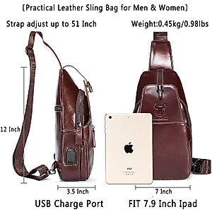 BULLCAPTAIN Genuine Leather Sling Bag Mens Crossbody Backpack for Hiking Casual Daypack Shoulder Chest Bag with USB Charging Port (Coffee)
