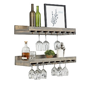 del Hutson Designs Rustic Luxe 36 Inch Farmhouse Solid Natural Pine Wood Wall Mounted Handmade Wine Glass Stemware Holder Rack, Set of 2, Grey