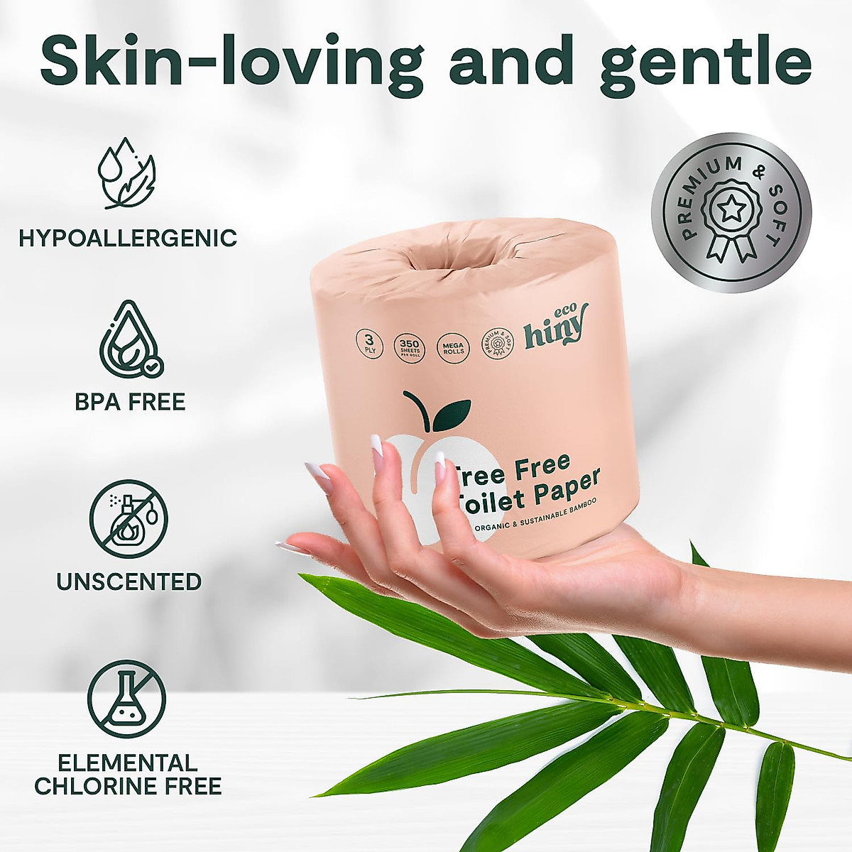 ecoHiny Premium & Soft Bamboo Toilet Paper | 12 Mega Rolls, 3 ply, 350 Sheets | FSC Certified, PFAS & BPA Free, Septic Safe | Tree Free & Plastic Free