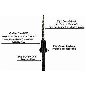 JNB Pro Wood Countersink Drill Bit Set JP0506, 5 Pc #6(9/64"), 2 Extra Bits 9/64 Tapered Drill Bit, 1 Adjustable Collar, 1 Wrench - 1/4" Quick Change Shank, Ideal Woodworking and Carpentry Tool Set