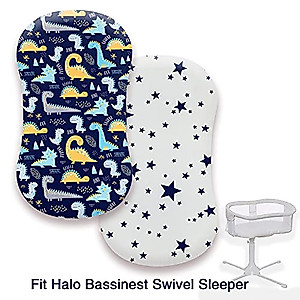 AMROSE Premium Cotton Bassinet Sheets, Fit for Halo Bassinest Swivel Sleeper, 2 Pack Hourglass Bassinet Mattress Sheet Set for Baby Boys, Soft Breathable Safe, Dinosaur & Stars