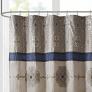 Madison Park Donovan Shower Curtain, Embroidered Jacquard Weave Design, Traditional Bathroom Décor, Machine Washable, Fabric Privacy Screen, 72x72, Navy