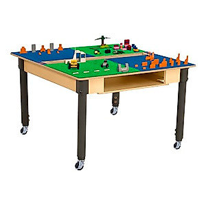 Time-2-Play Play Table Large 35” x 31” Surface Birch Plywood Red & Blue Montessori Lego Compatible Building Blocks Table with Trough for Kids 18”-29” Adjustable Legs (Caster Wheels, Blue & Green)