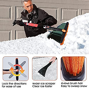 FOVAL 47.2" Extendable Snow Brush and Wider Ice Scraper (4.73" Width) with 360° Pivoting Brush Head, Snow Removal Tool Car Brush with Comfortable Foam Grip for Car Windshield, Trucks, SUVs