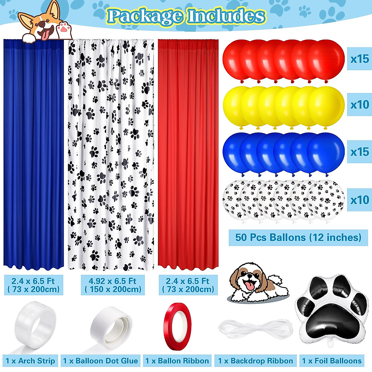 SmoothNovelty 57 Pcs Dog Paw Party Decorations, Paw Backdrop Curtains 50 Paw Theme Balloons with Accessories for Farm Animal Paw Theme Birthday Party Photo Supplies (Red Blue Series)