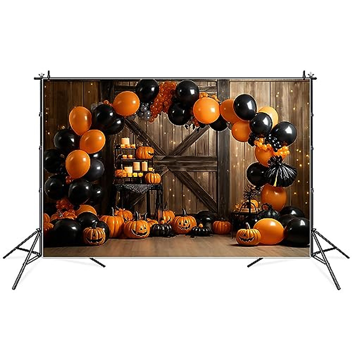 MOONDECO Photography Backdrop 7x5ft Halloween Arch Balloon Jack O Lantern Wood Party Background Kids Candle Light Fire Fly Photo Booth Decorations