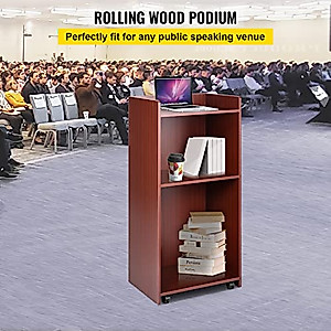 VEVOR Wood Podium, 23.6" x 47.2", Lecterns and Podiums w/ 4 Rolling Wheels, Baffle Plate & Shelf, Easy Assembly Walnut Wood Lecterns for Church, Office, School, Home