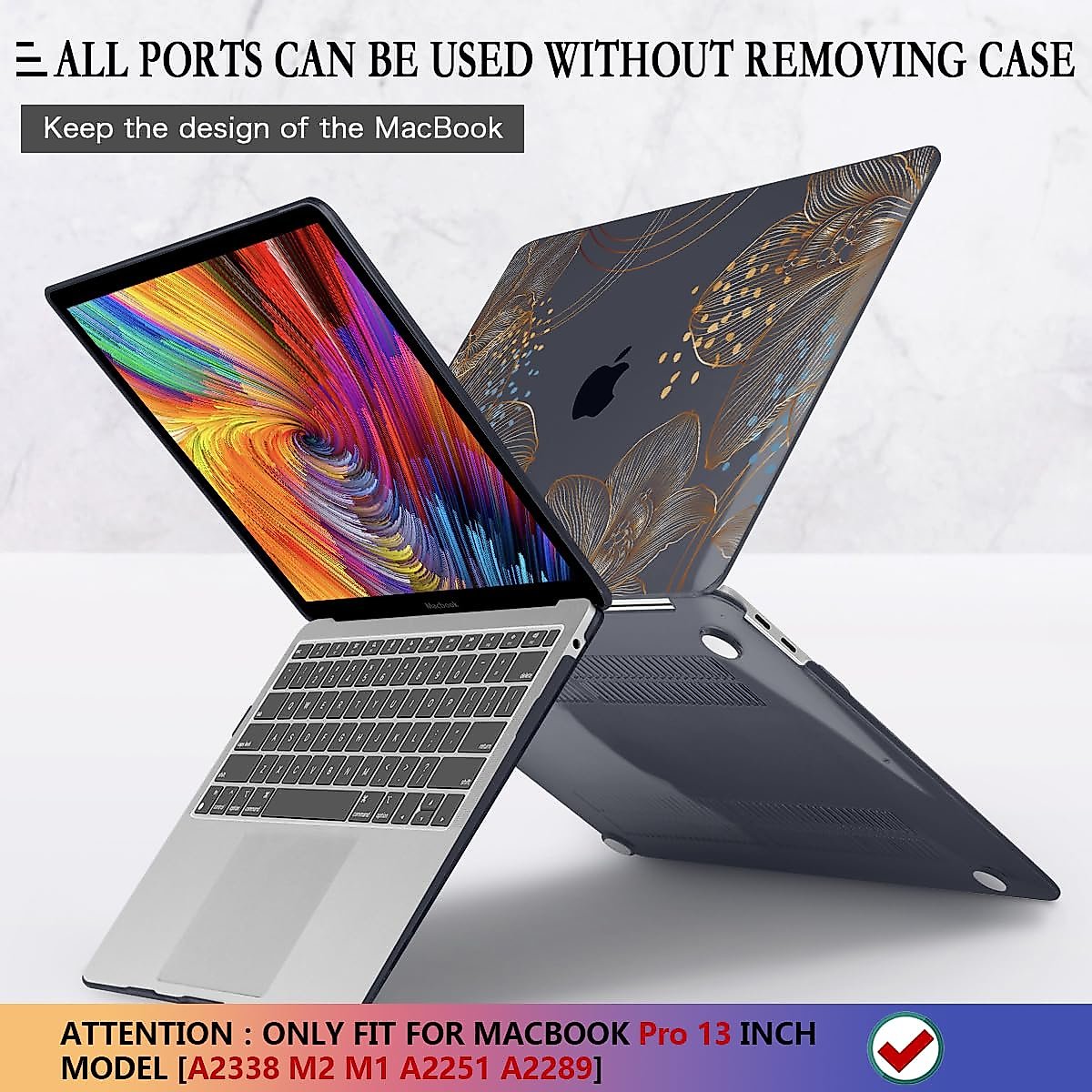 CISSOOK for MacBook Pro 13 inch Case 2023 2022-2020 Release Model A2338 M1 M2 A2289 A2251 with Touch Bar, Plastic Hard Shell Case & Keyboard Cover & Screen Protector for Pro 13, Gorgeous Gold Floral