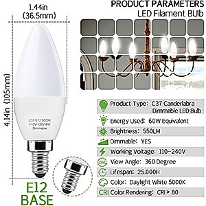 E12 LED Candelabra Light Bulbs Dimmable, 60 Watt Equivalent, Ceiling Fan Light Bulbs Daylight White 5000K, 550Lumens for Home Lighting Decorations, 6 Pack