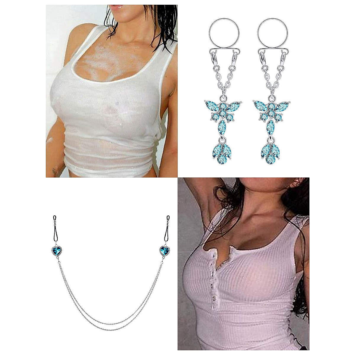 Ocptiy Fake Clamps Piercing Jewelry for Women Men Butterfly Fake belly Chain Cute Stainless Surgical Steel Faux Silver Bar Non-Piercing Clip On Dangle Body Piercing Jewelry for Women