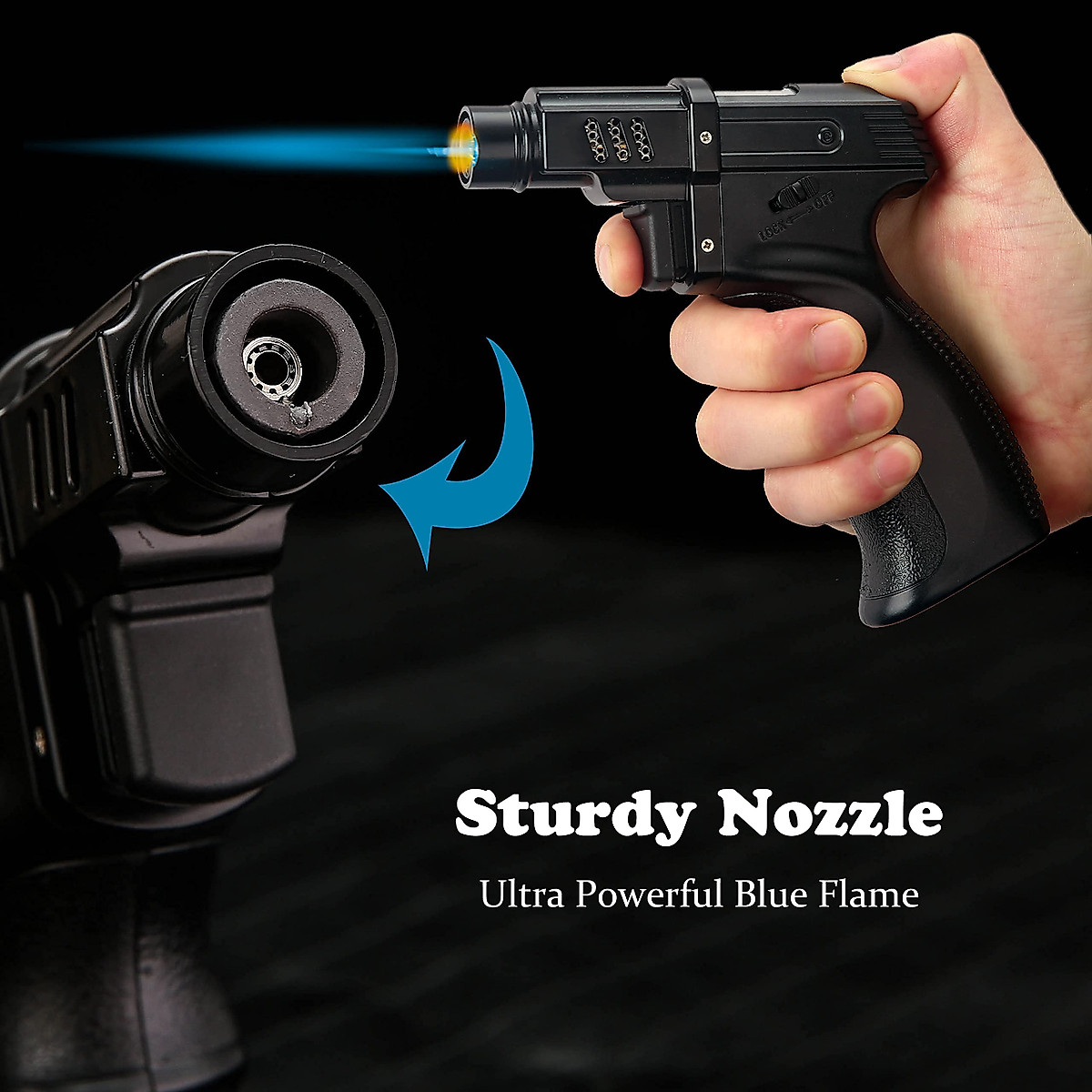 PROMISEButane Torch Lighter Gun Torch Blow Torch -Sleek Adjustable Butane Torch Adjustable Flame Lock Cooking Torch Cigar Lighter Lighter Camping Home Use Welding Chef etc (Black)