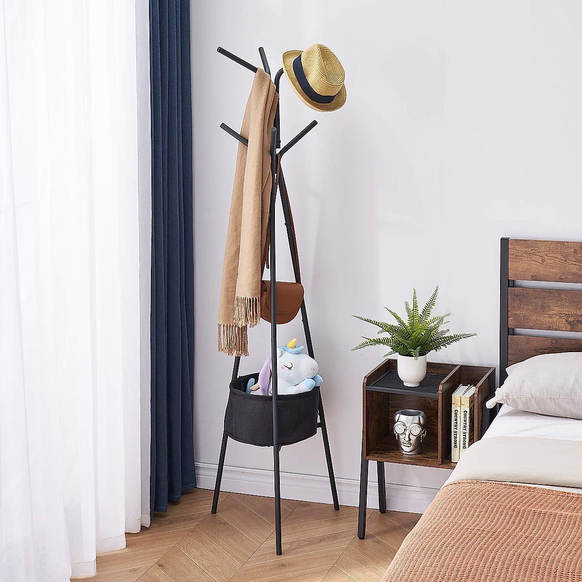 VECELO Coat Rack Freestanding,Hall Trees with Storage Basket,Entryway Clothes Stand with Shelf for Hat,Bags,Scarf Trees with 6 Hooks,Rustic Brown and Black