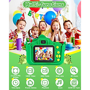 Texpot Dinosaur Kids Camera, 1080P HD Digital Camera for Kids Boys Girls 3-12 Toddler Camera, Selfie Camera for 6 7 8 9 10 11 12 Year Old Christmas Birthday Festival Gifts Toy Camera with 32GB SD Card