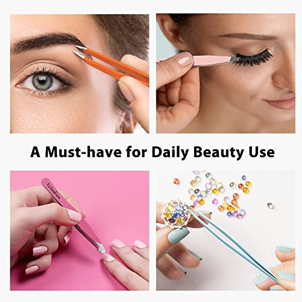 Velodios Tweezers for Women and men, Professional Precision Tweezers for Eyebrows, Pointed and Slant Tweezers for Facial Hair, Splinter and Ingrown Hair Removal, Stainless Steel Tweezers Set - 4Pack