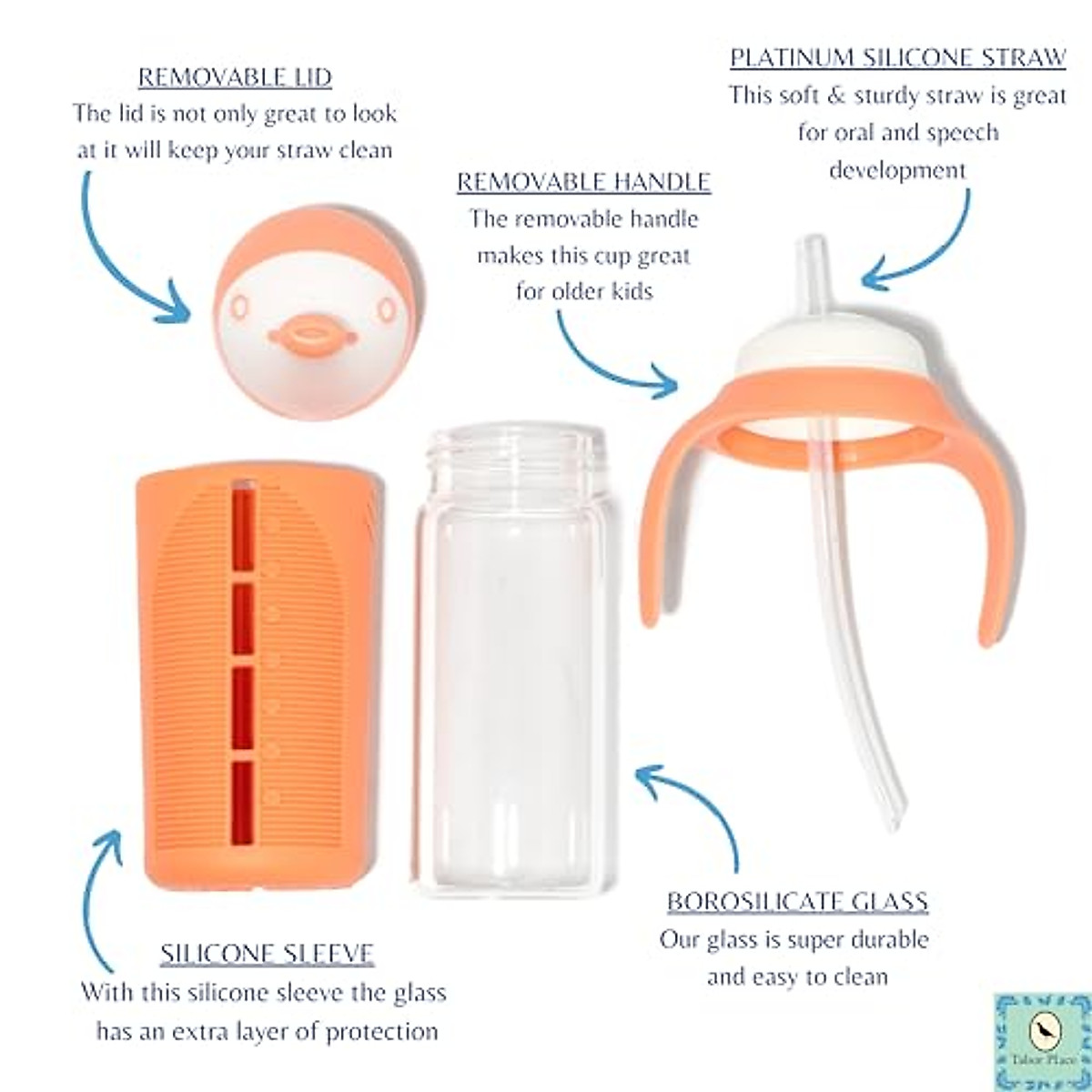 Tabor Place Glass Sippy Cup for Toddlers - The Luca | Spill-proof | Silicone Straw | Indigo Purple | 8 oz | Liquids Never Touch Plastic | Removable Handles