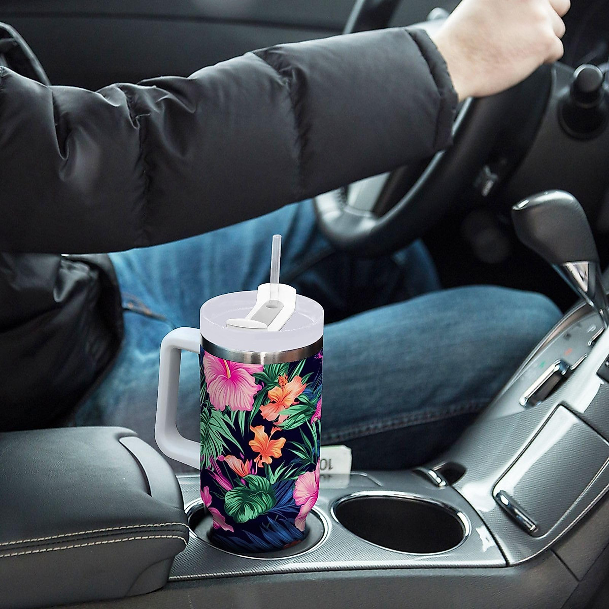 YKZEYK Tropical Floral Hibiscus 40 OZ Tumbler with Handle And Straw Insulated Tumblers Coffee Mug Travel Cup Cups with Lids And Straws Coffee Tumbler