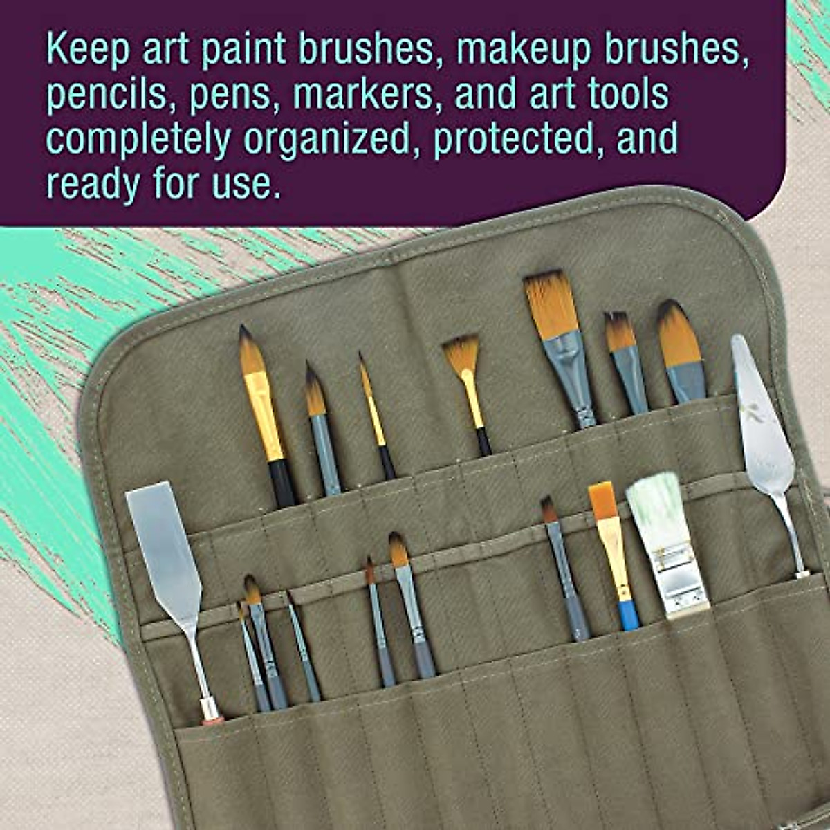 U.S. Art Supply Deluxe Canvas Art Paint Brush Holder & Storage Organizer Roll-Up Case Bag - 24 Slot Pockets Carry Pouch - Protect Artist Acrylic Oil Watercolor Paintbrushes - Store Pencils, Pens Tools