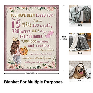 Peliny Chrid Quinceanera Gifts Blanket - 15 Year Old Girl Gifts for Birthday - 15th Birthday Gifts for Teen Girls Throws 60"X50" - 15th Birthday Decorations for Girls - 15 Year Old Girl Gift Ideas