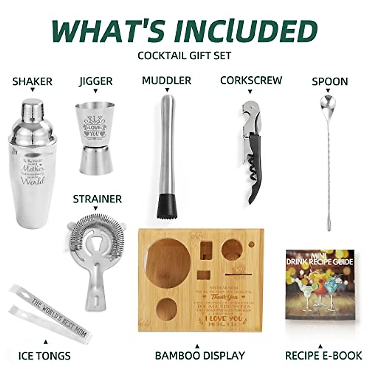 Gifts for Mom, Mom Gifts for Mothers Day - Mom Gift from Daughters Cocktail Shaker Set of 8, Gift for Mom from Son Bartender Kit with Stand, Great Gift for Mom on Mother's Day, Birthday