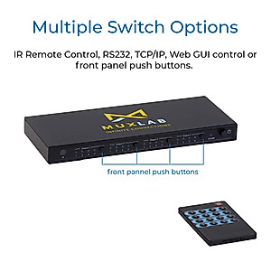 MuxLab 4x4 HDMI 2.0 4K 60hz Matrix Switcher | IR Remote | Supports 4K@60Hz | 4:4:4 | HDR | 4 in 4 Out | No Driver | Control with IR Remote | RS232 | TCP/IP & Push Button | Switcher and Splitter