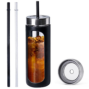 Kodrine 24 oz Glass Water Tumbler with Straw and Lid, Wide Mouth Water Bottle, Straw Silicone Protective Sleeve BPA FREE-Black