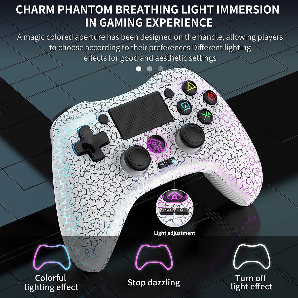 RALAN Wireless Controller with 8 Color Adjustable LED Lighting Compatible with PS4 Pro/Slim/for PS4 Controller Dualshock 4, with Headphone Jack for FPS Game （White）