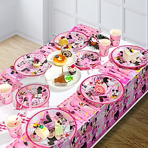 Pink Mouse Birthday Party Supplies Decorations, Mouse Theme Backdrop,Pink Mouse Tablecloth Balloons Kit Cups Plates Napkins Tableware Set for Kids Birthday Party Supplies Party Favor