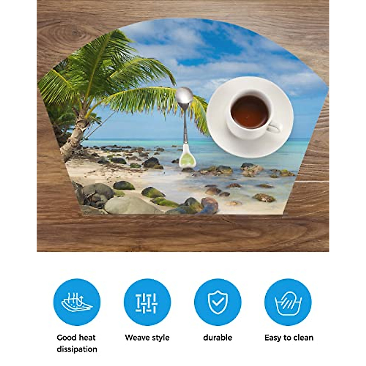 Placemats Set of 5,Palm Tree Beach Sea Cloud Blue Sky Island Reef Stone Indoor Outdoor PVC Weave Place Mats Wipeable Dining Table Placemats Heat Insulation Table Mats