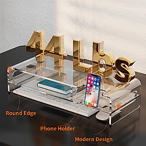 ErgoFocus 20inch Large Acrylic Monitor Stand Riser, 2-Tier Clear Monitor Stand with Built-in Phone Holder, Premium Acrylic Monitor Riser with Keyboard Storage