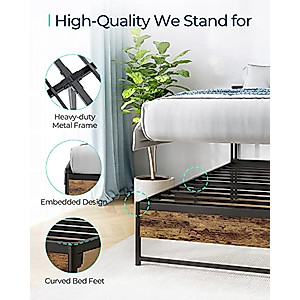 LINSY LIVING Full Size Bed Frame with Headboard, Fast Assembly Metal Industrial Bed Frame with Lights & Charging, 14 inch Full Bed Frame with Storage, No Box Spring Needed, Rustic Brown