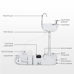 kleankin Portable Camping Sink, Handwashing Station Basin with 4.5 Gallon Tank, 6.3 Gallon Recovery Tank, Rolling Wheels & Soap Dispenser for RV, Outdoor Events, Gatherings, HDPE, White