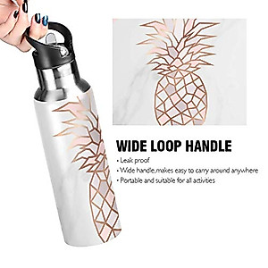 OREZI Rose Gold Pineapple On Pink And White Marble Water Bottle Thermos with Straw Lid for Boys Girls,600 ml,Leakproof Stainless-Steel Sports Bottle for Women Men Teenage
