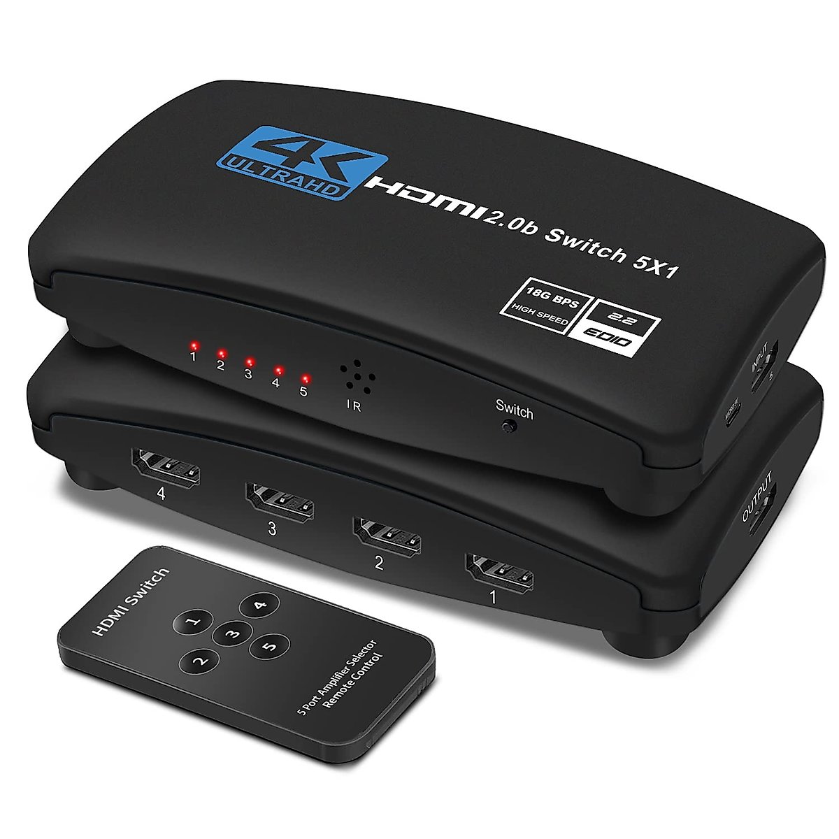 HDMI Switch 4K 60hz, 5 Port HDMI Switcher with Remote, Koopman HDMI Splitter 5 in 1 out Supports HDMI 2.0 HDCP 2.2 HDR10 3D, HDMI Selector Hub Compatible with FireStick, Roku, PS4, Xbox, Apple TV