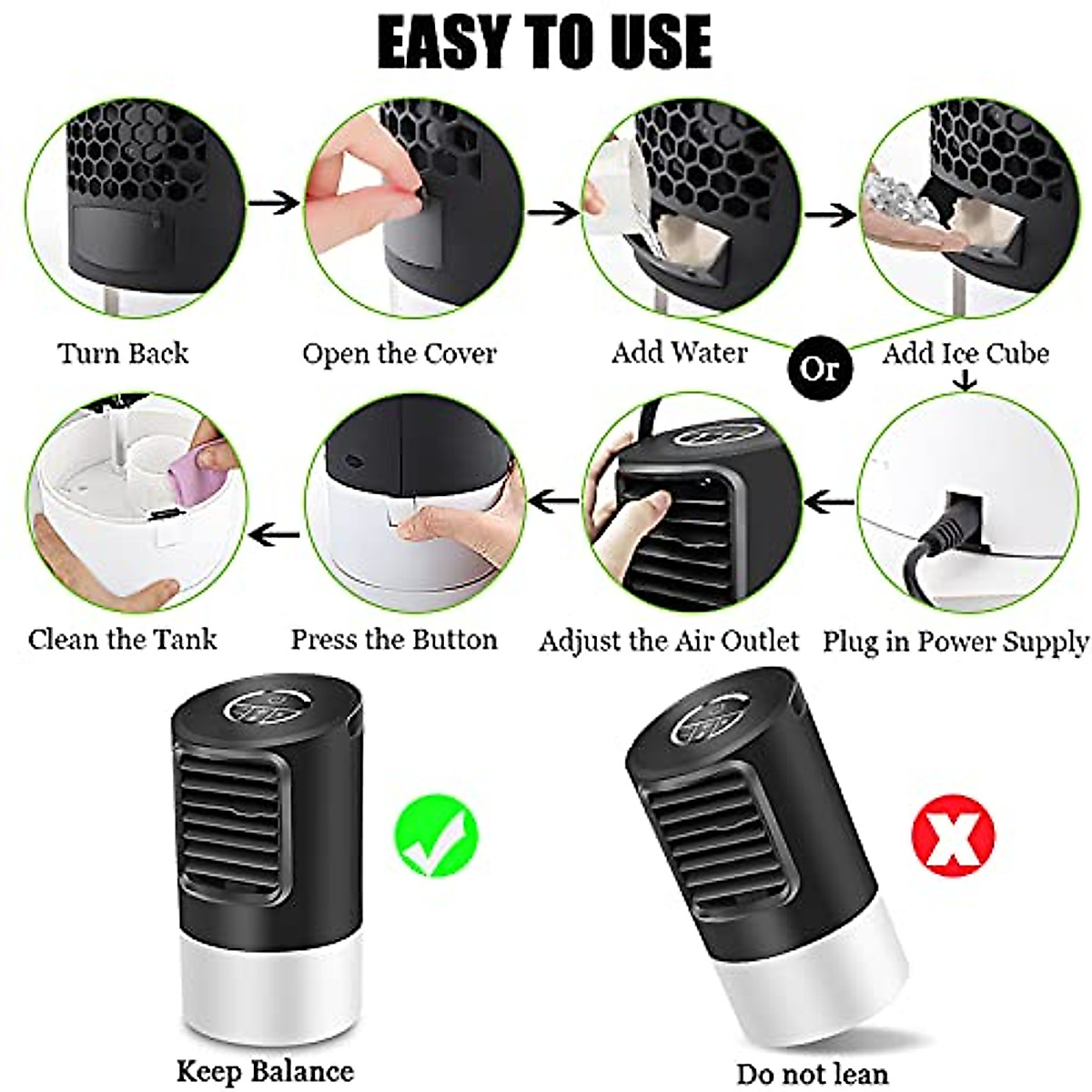 OVPPH Portable Air Conditioner Fan, Personal Evaporative Cooler Mini Desk Cooling Fan with Handle, 3 Speeds, Timer, 7 LED Light Circulator Humidifier Misting for Bedroom Home Office, Fashion Black