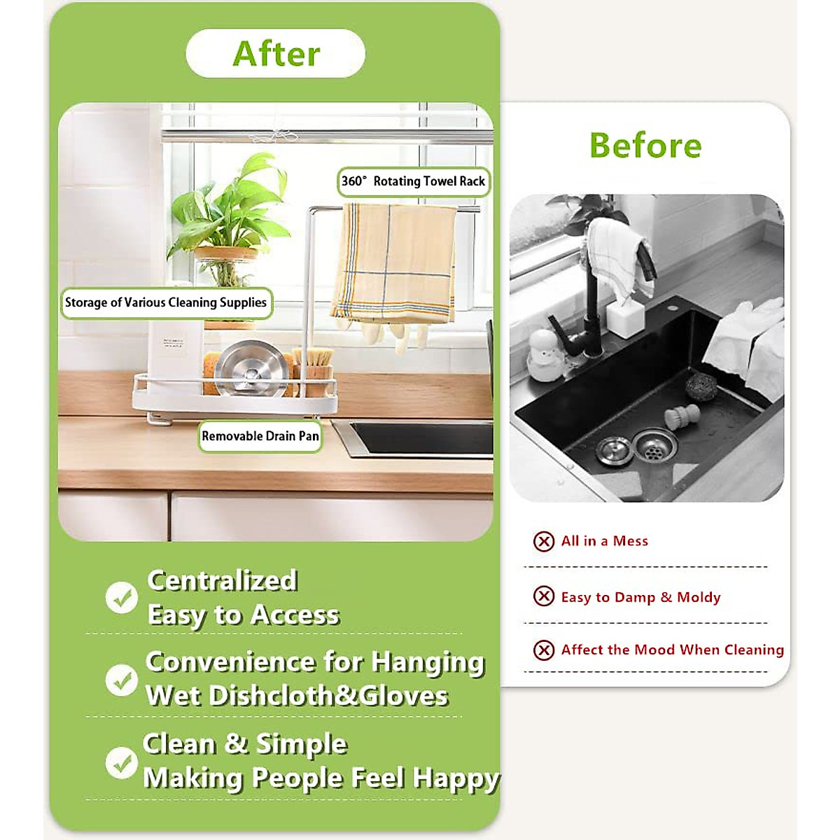 AFYDTMY Sponge Holder for Kitchen Sink,360° Rotating Dish Cloth Holder & Removable Drain Pan,Kitchen Sink Caddy Organizer for Sponge Brush Soap Dish Dish Cloth Rack