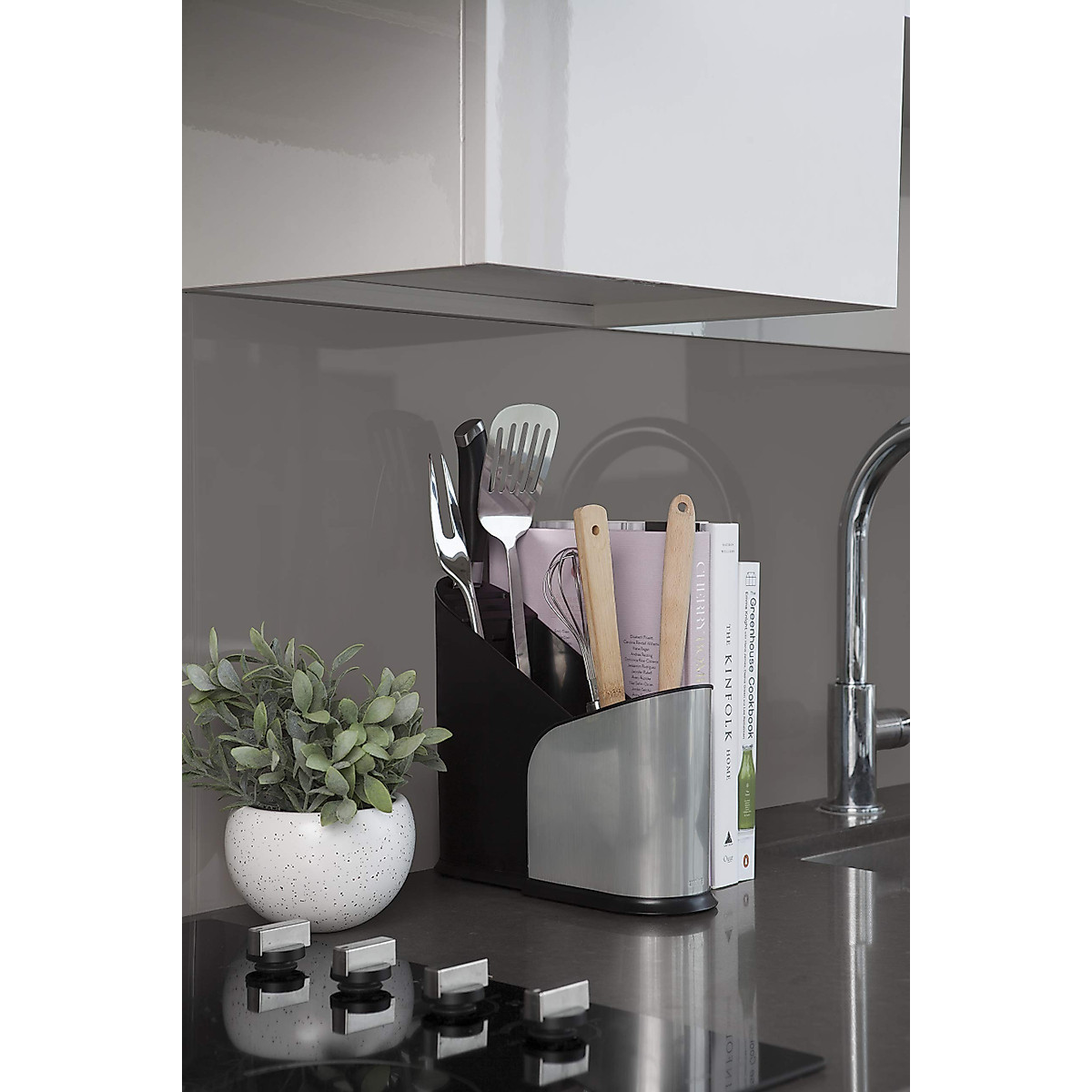 Umbra Furlo, Expandable Kitchen Utensil Holder, Multi-Functional Caddy Organizer with Divider and Extra Storage, Ideal for Keeping Knives and other Utensils Instantly Accessible, Black/Stainless Steel