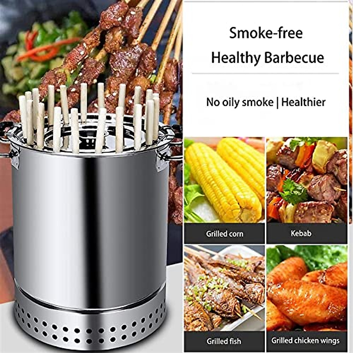 ZHAIHUA Charcoal Grill, Portable Contact Grill, 360-degree Heating Small Smokeless Outdoor Vertical Grill, Stainless Steel Hanging Grill, Multifunctional Oil-Charcoal Separation Cooking Tool., Silver