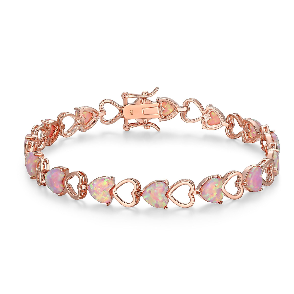 MORGAN & PAIGE 14K Rose Gold Plated .925 Sterling Silver Created Pink Opal Heart Tennis Prong Setting Bracelet, 7-1/4"
