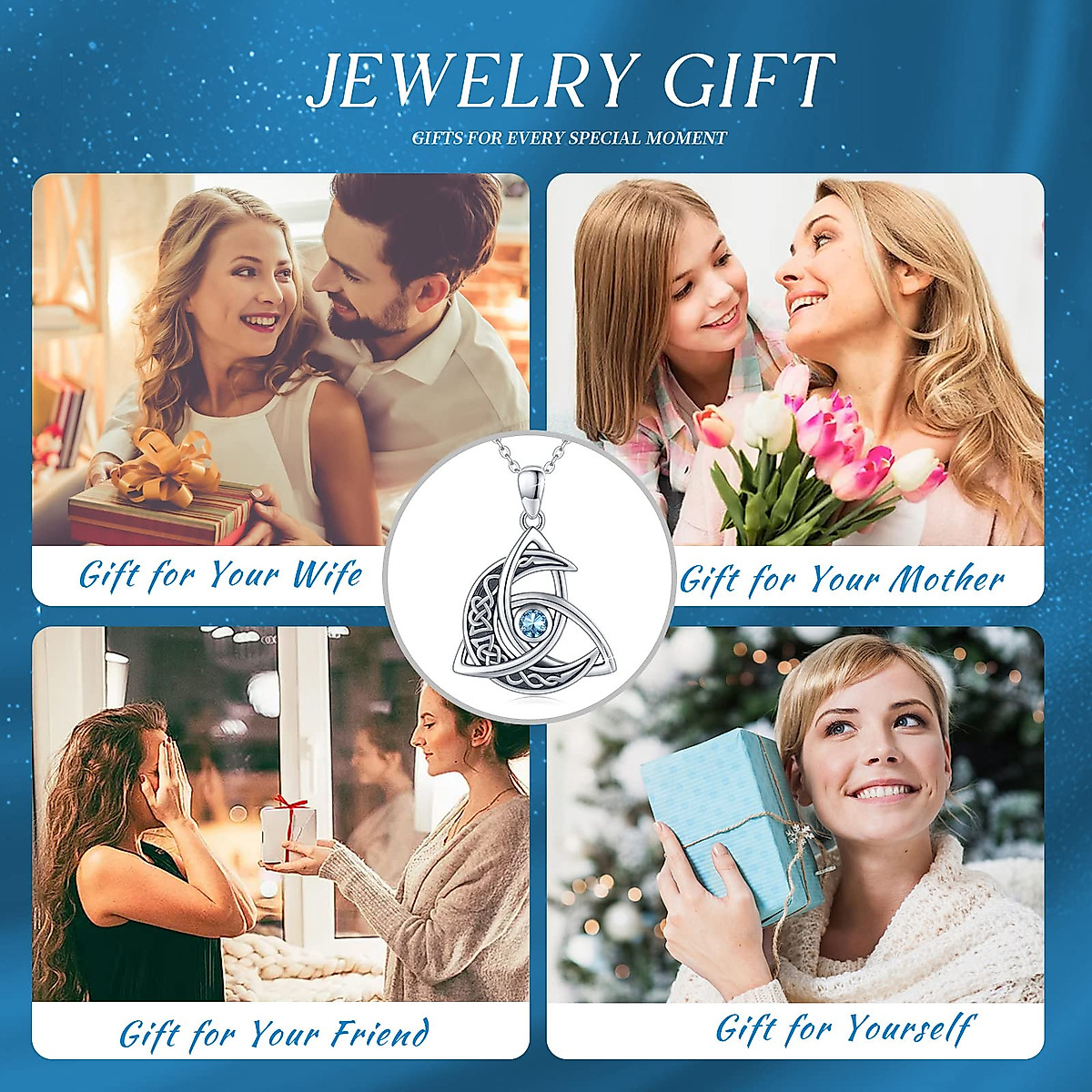 Celtic Moon Necklace 925 Sterling Silver Celtic Knot Pendant Necklace Trinity March Birthstone Aquamarine Necklace Irish Jewelry Gifts for Women Girls Daughter Mother Birthday Christmas