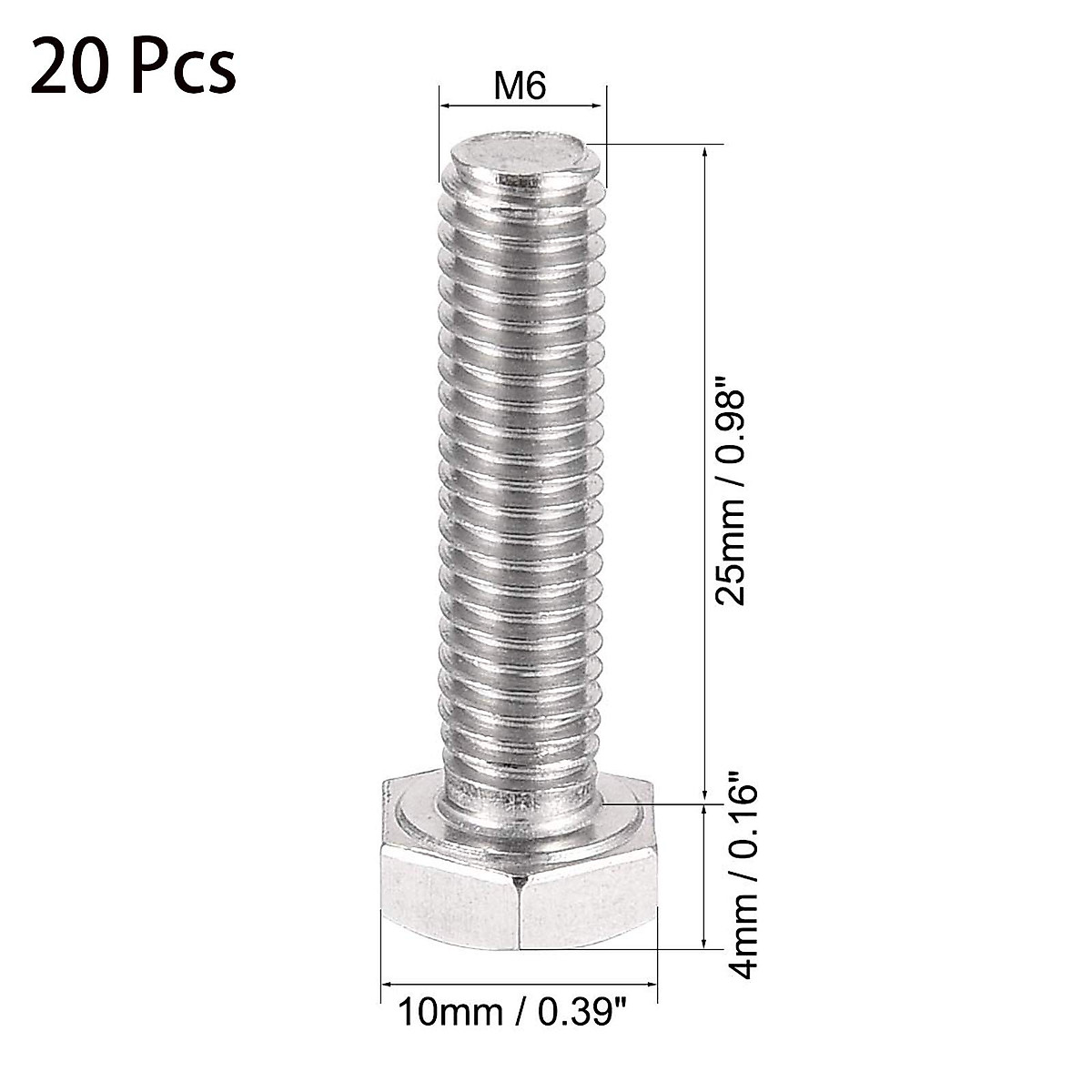 20 Pcs M6 Hex Bolt M6-1 x 25mm UNC Hex Head Screw Bolts A2-70(304) Stainless Steel Fully Threaded Hex Tap Bolts，Plain Finish，Fully Threaded (M6 x 25mm)